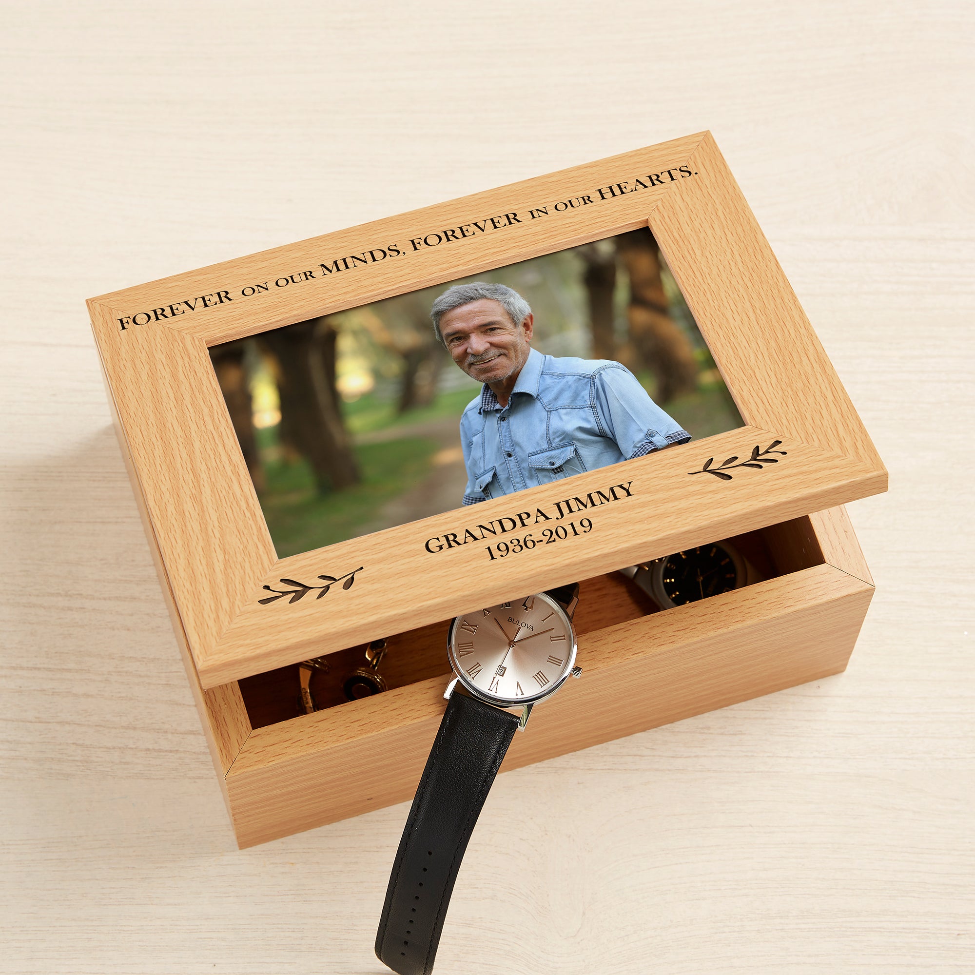 23694 - Botanical Memorial Engraved Memorial Photo Keepsake Box