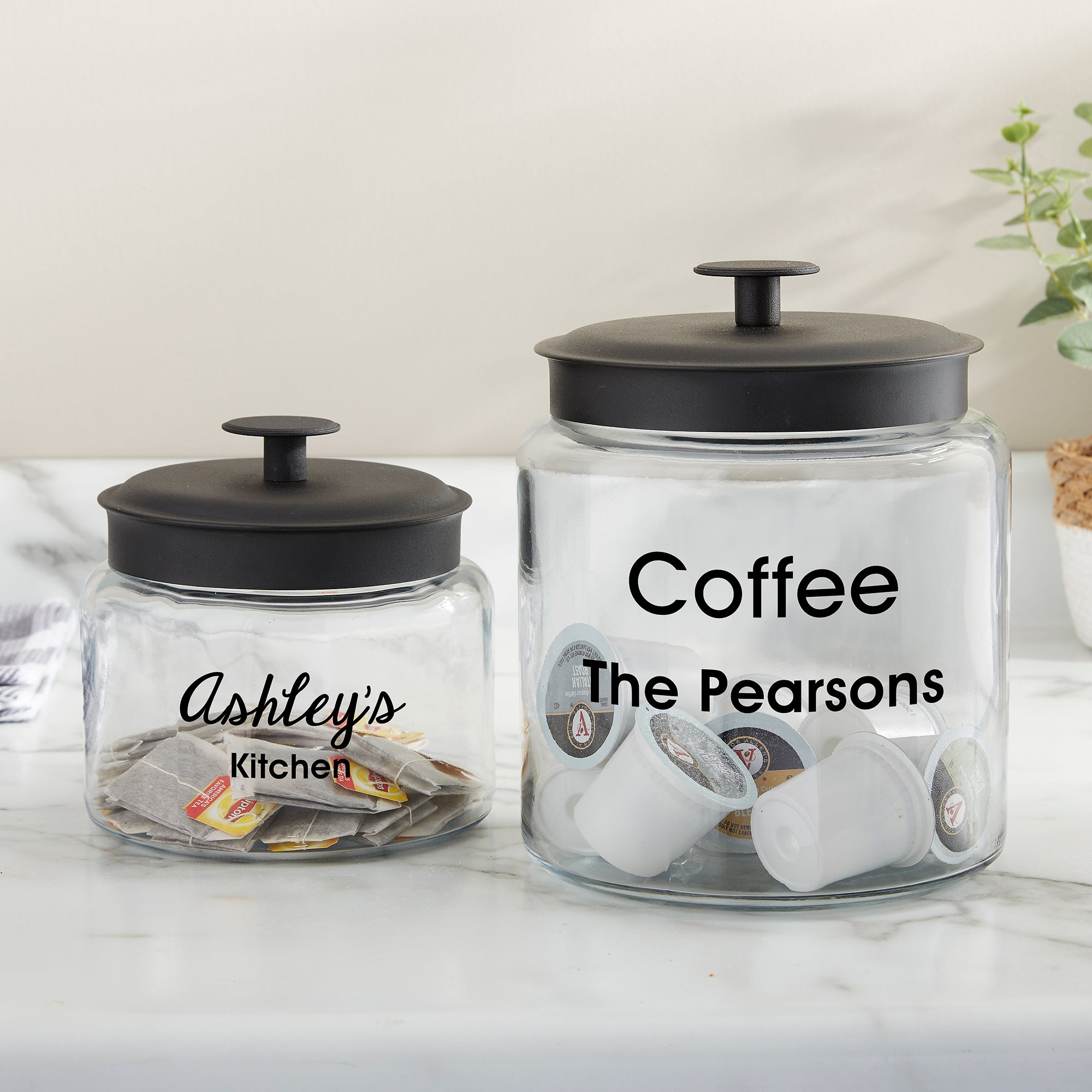 34409 - Coffee & Tea Personalized Glass Storage Jar with Black Lid