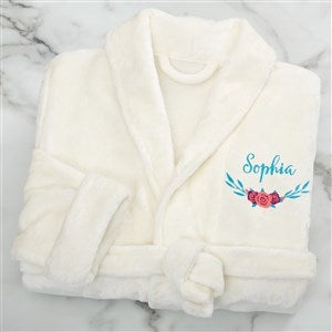 Floral Embroidered Short Ivory Fleece Robe