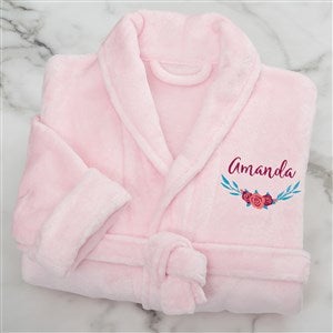 Floral Embroidered Short Pink Fleece Robe