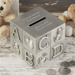 Baby Block Engraved Pewter Piggy Bank