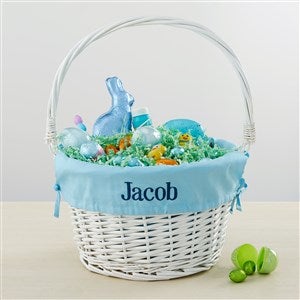Personalized White Easter Basket With Drop-Down Handle - Light Blue