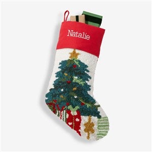 Classic Tree Embroidered Hooked Christmas Stocking