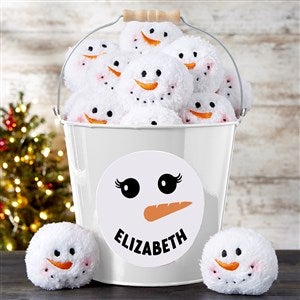 Smiling Snowman Personalized Snowball Fight Metal Bucket - White
