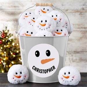 Smiling Snowman Personalized Snowball Fight Metal Bucket - Silver