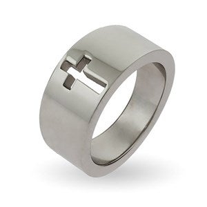 Men's Engraved Cut Out Cross Message Band Ring