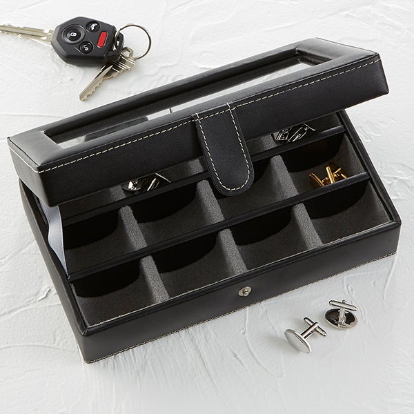 Personalized Black Leather Accessory Box - 12 Slots