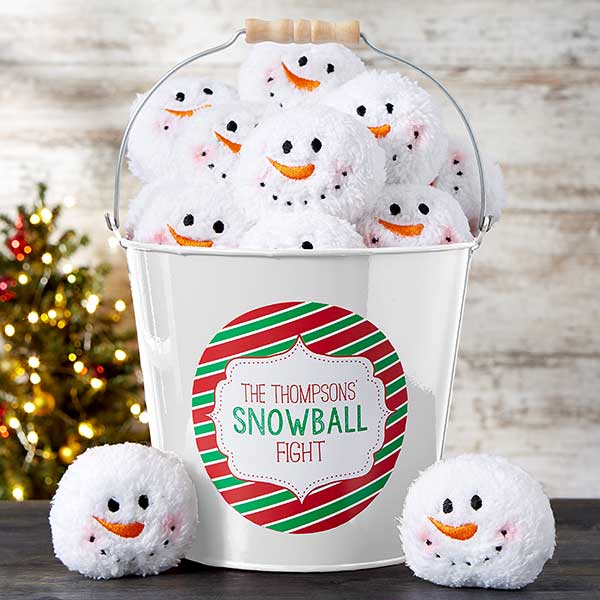 Snowball Fight Personalized White Metal Bucket
