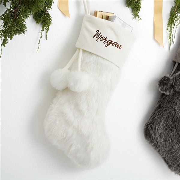 Embroidered Ivory Faux Fur Christmas Stocking