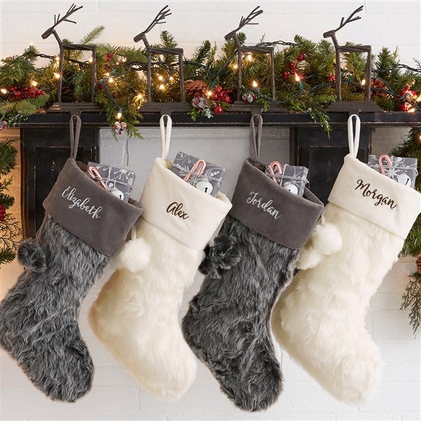 Embroidered Ivory Faux Fur Christmas Stocking