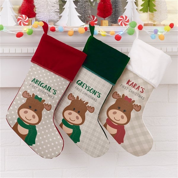 Baby Moose Personalized First Christmas Green Stocking