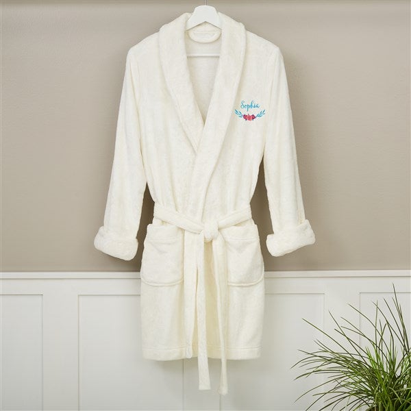 Floral Embroidered Short Ivory Fleece Robe