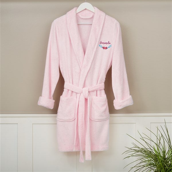 Floral Embroidered Short Pink Fleece Robe