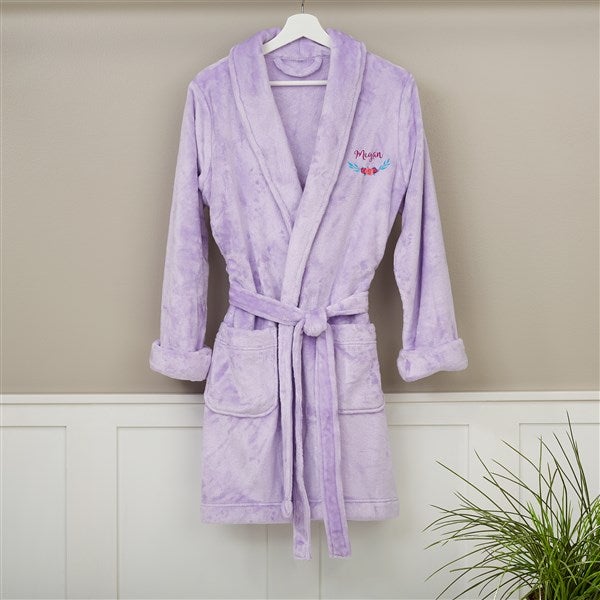 Floral Embroidered Short Purple Fleece Robe