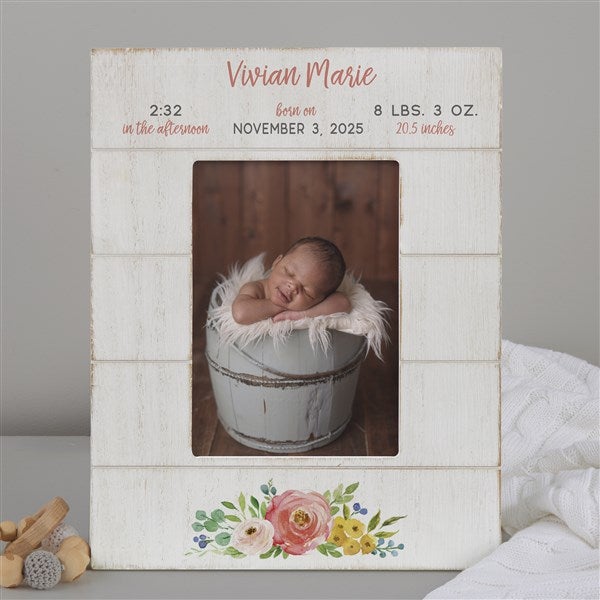 Floral Baby Girl Personalized Shiplap Frame - 4x6 Horizontal