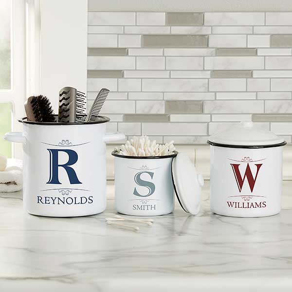 Elegant Monogram Personalized Bathroom Enamel Jar - Small