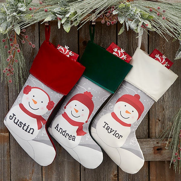 Snowman Family Personalized Green Christmas Stocking - Christmas