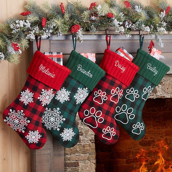 Buffalo Check Paw Prints Personalized Dog Christmas Stockings