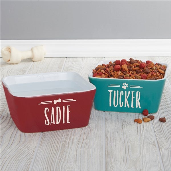 Pet Icon Personalized Ceramic Square Dog Bowl - Turquoise