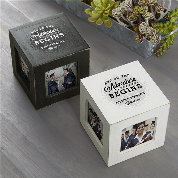 Graduation Compass Personalized Photo Cube - White