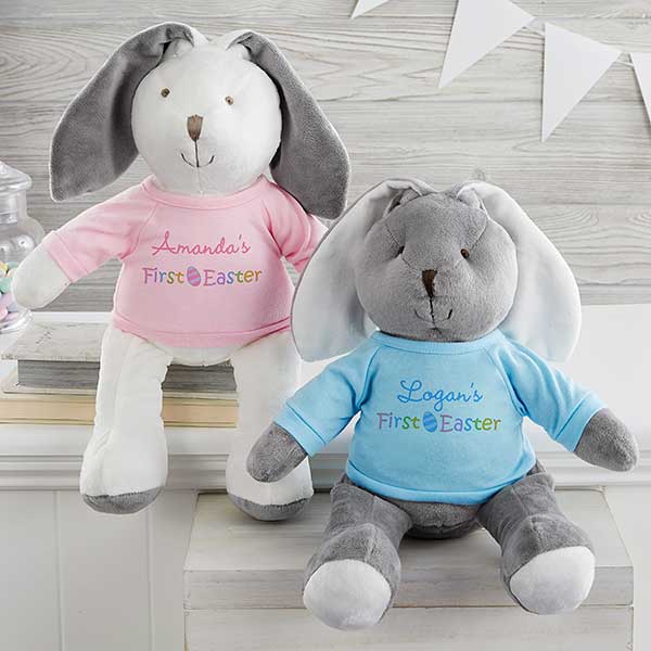 My First Easter Personalized Grey Bunny with Pink Shirt