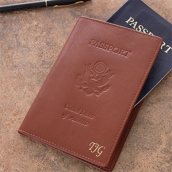 Personalized Leather Passport Covers - First Class Monogram Design Tan