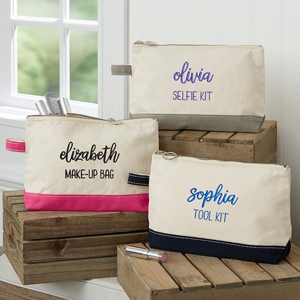 Scripty Style Embroidered Canvas Makeup Bags