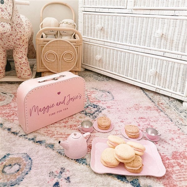 Pink Polka Dot Personalized Kids Tea Set with Case