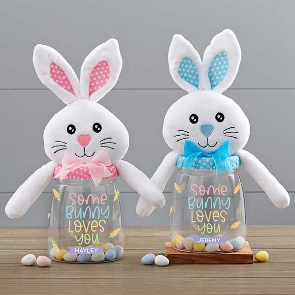 Some Bunny Loves You Personalized Easter Bunny Candy Jar - Blue