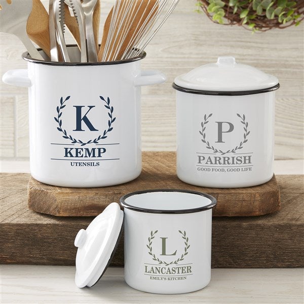 Laurel Wreath Personalized Enamel Canisters