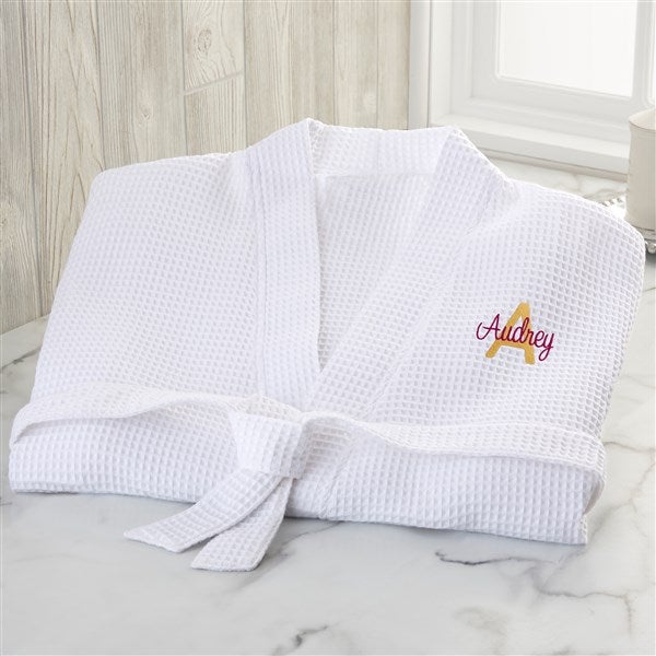 Playful Name Embroidered White Waffle Weave Kimono Robe