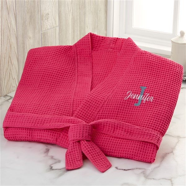 Playful Name Embroidered Pink Waffle Weave Kimono Robe