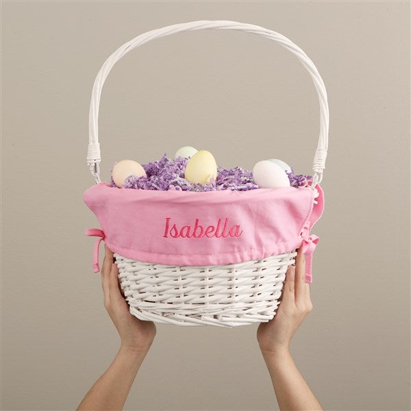 Personalized White Easter Basket With Drop-Down Handle - Light Pink