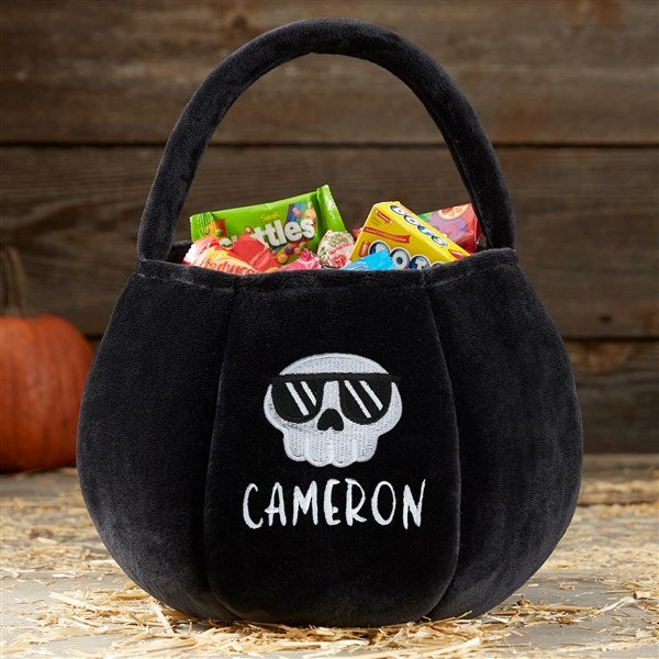 Skull Embroidered Plush Halloween Treat Bag-Black