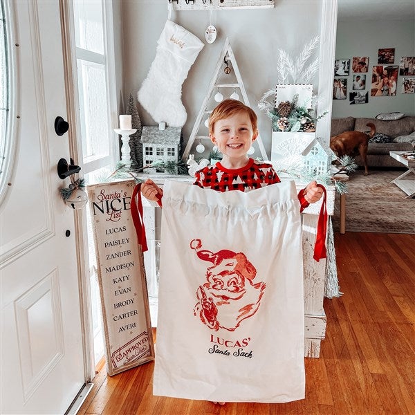 Retro Santa Personalized Canvas Drawstring Santa Sack