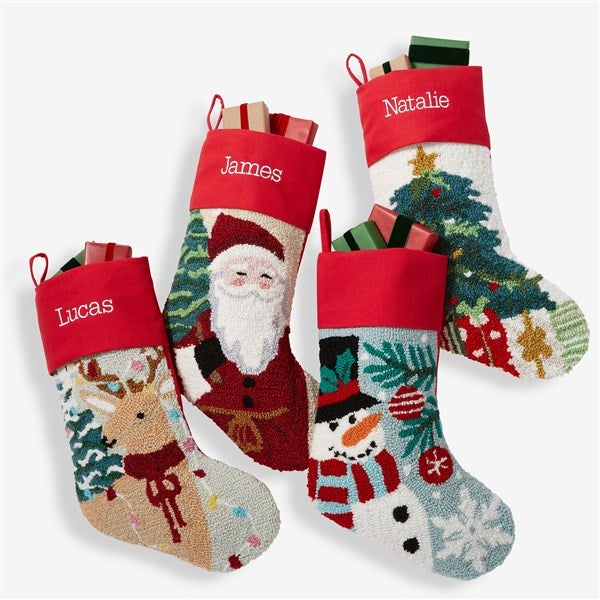 Classic Tree Embroidered Hooked Christmas Stocking