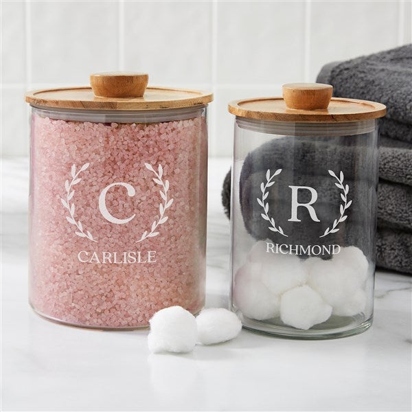 Laurel Initial Personalized Glass Container with Acacia Lid
