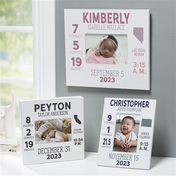 State Icon Birth Stats Baby Personalized 4x6 Box Frame- Horizontal