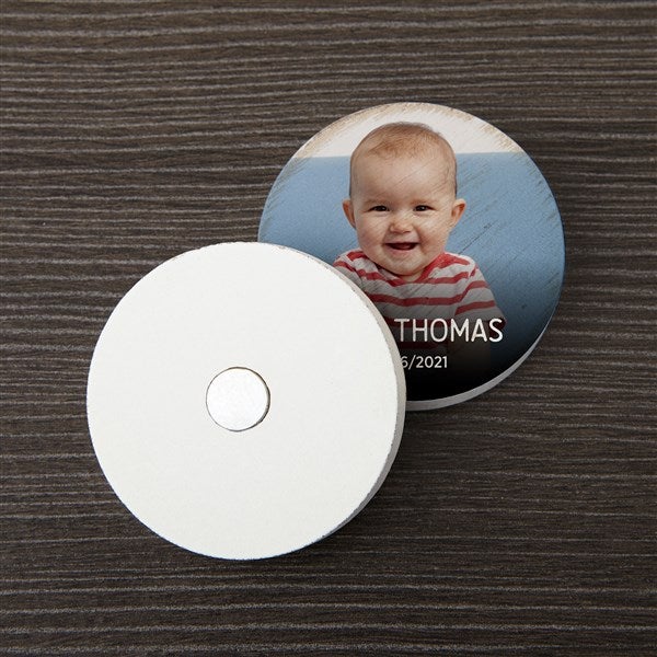 Photo, Name & Date Personalized Round Wood Magnet