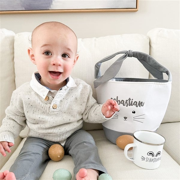 Lovable Bunny Embroidered Grey Easter Basket