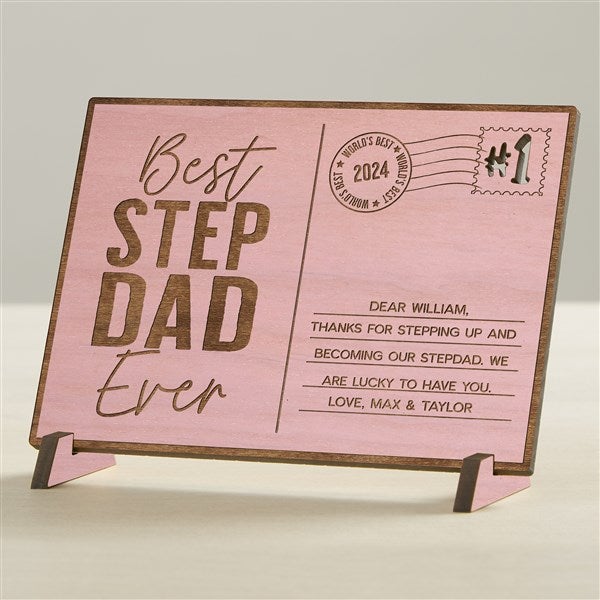 Best Step Dad Personalized Wood Postcard-Pink Stain