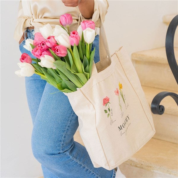 Birth Month Flower Personalized Canvas Tote Bag- 20" x 15"