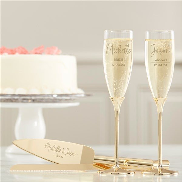 Modern Personalized Gold Wedding Flute Set