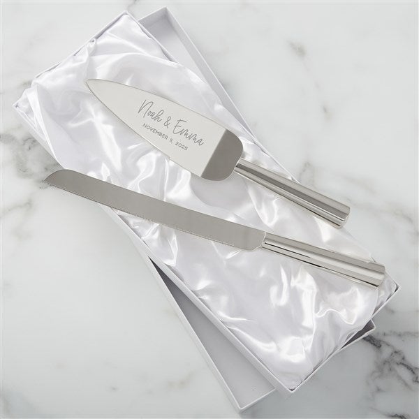Modern Engraved Silver Cake Knife & Server Set
