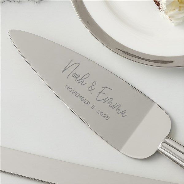 Modern Engraved Silver Cake Knife & Server Set