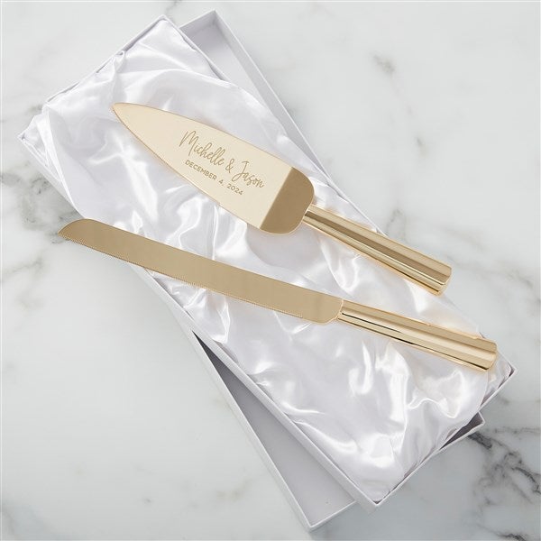 Modern Engraved Gold Cake Knife & Server Set