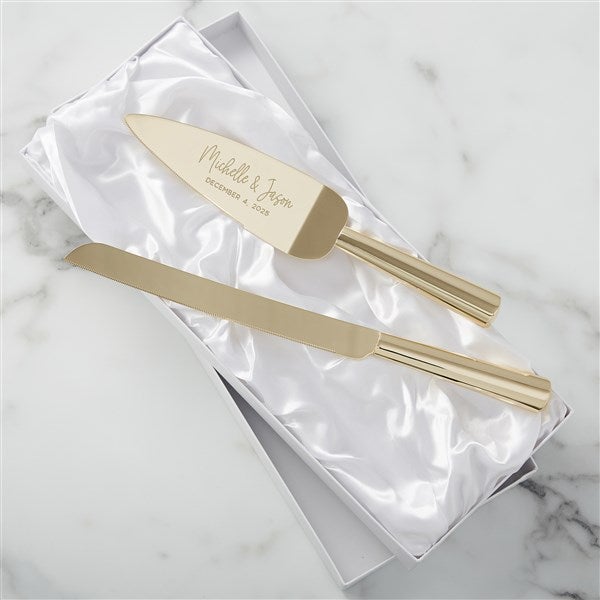 Modern Engraved Gold Cake Knife & Server Set