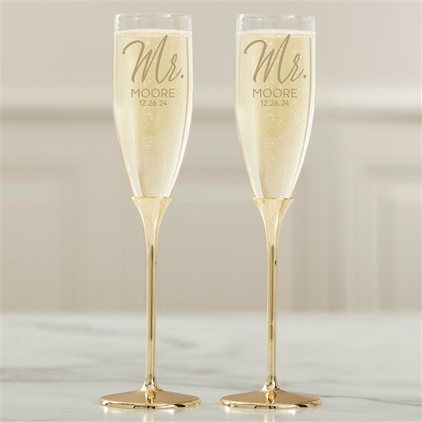 Personalized Gold Wedding Flute Set - Stamped Elegance
