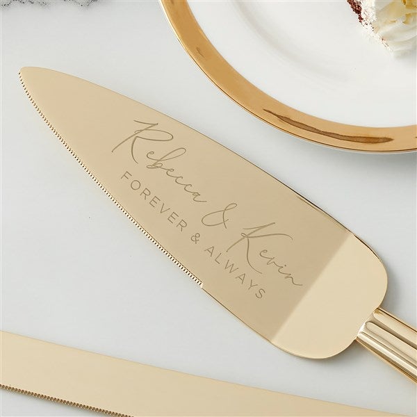 Elegant Couple Engraved Gold Cake Knife & Server Set