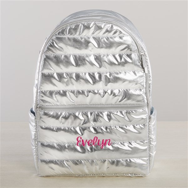 Metallic Silver Embroidered Puffer Backpack